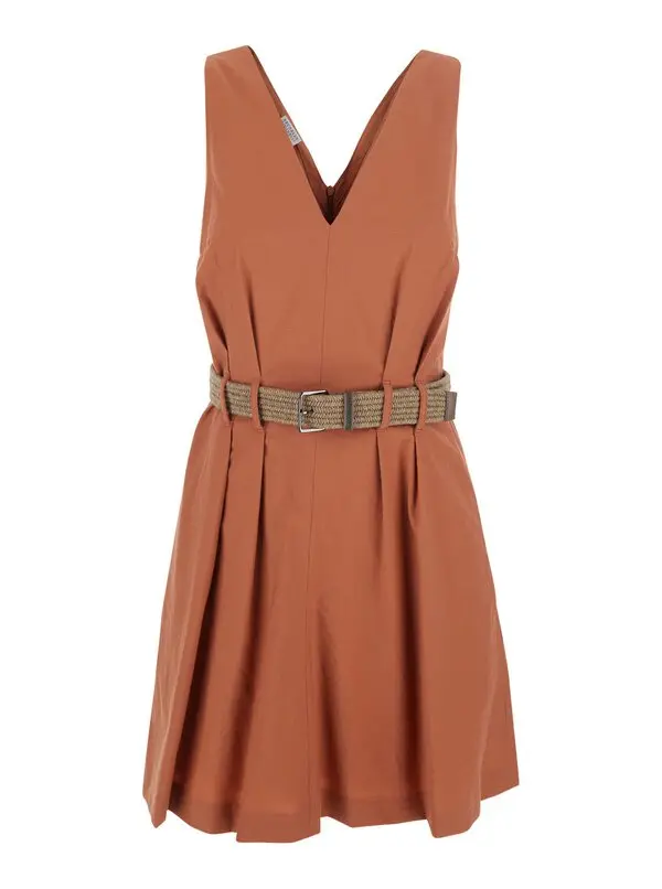 Brunello Cucinelli Cotton Pleated Midi Dress With Monili Detail Belt - Multicolor