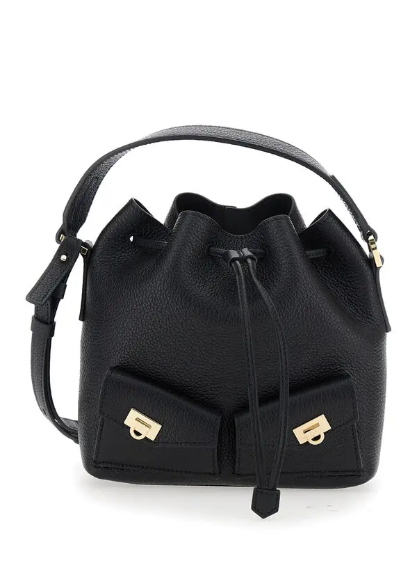 FERRAGAMO Leather Drawstring Bucket Bag - Black