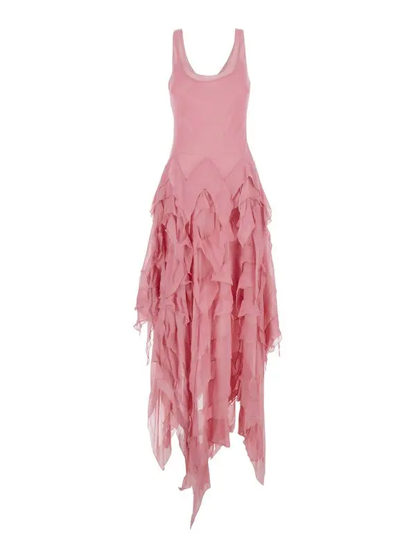 Blumarine Pink Long Dress With Front Neckline And Ruches Design In Viscose For - Multicolor