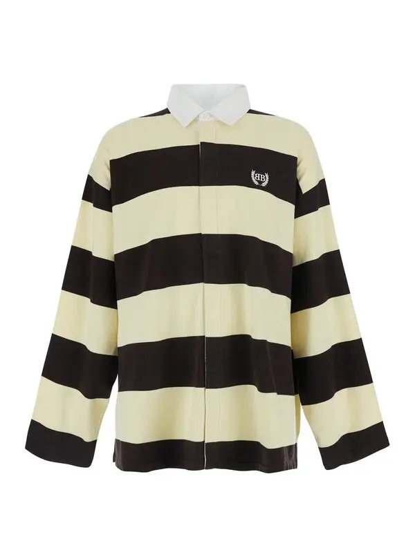 Balenciaga Brown Long Sleeve Polo Shirt With Logo Embroidery On The Front And All-over Stripes In Cotton For - Multicolor