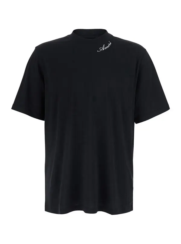 Amiri Crew Neck T-shirt With Wide Short Sleeves And Logo Lettering Embroidery On The Neck In Tech Fabric For - Black