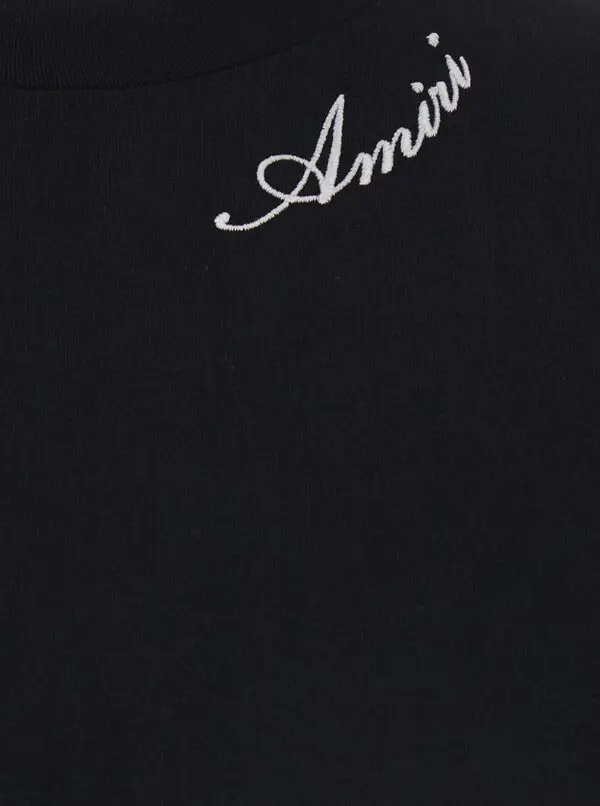 Amiri Crew Neck T-shirt With Wide Short Sleeves And Logo Lettering Embroidery On The Neck In Tech Fabric For - Black