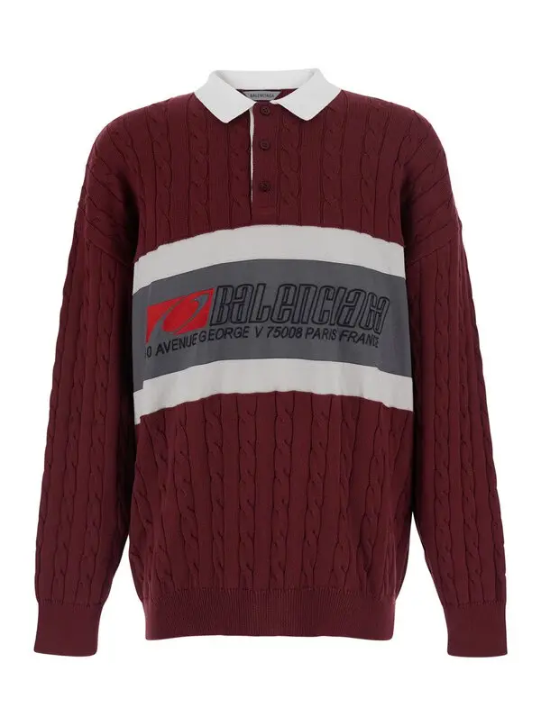 Balenciaga Bordeaux Cable Knit Polo Sweater With Maxi Logo - Multicolor