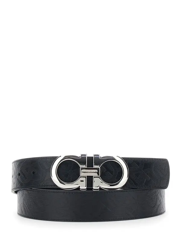 FERRAGAMO Reversible Belt With Gancini Buckle In Grained Leather - Black