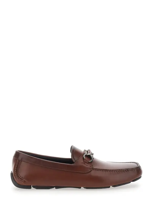 FERRAGAMO Sunsay" Leather Loafers With Gancini Plaque - Brown