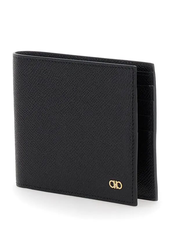 FERRAGAMO Bi-fold Wallet 'micro Gancini' With Grained Leather Logo - Black