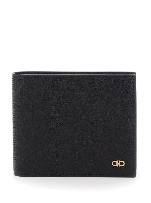 FERRAGAMO Bi-fold Wallet 'micro Gancini' With Grained Leather Logo - Black