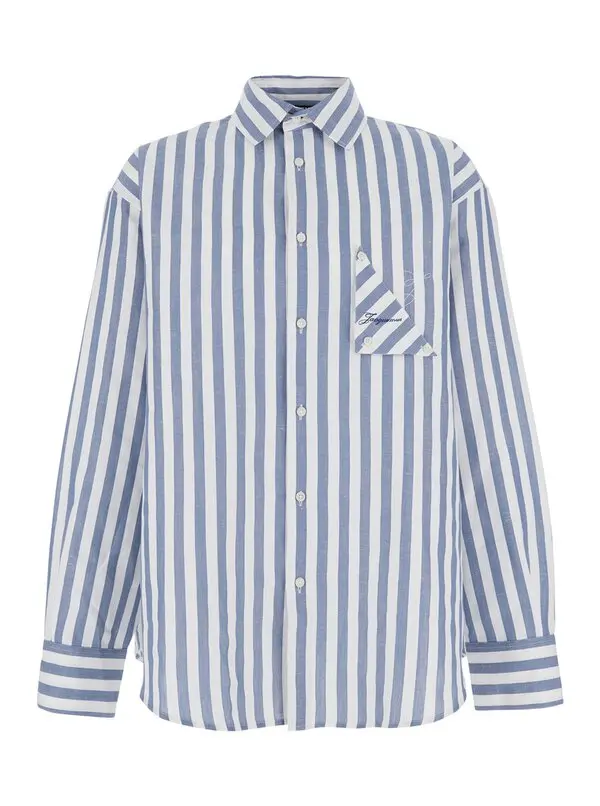 Jacquemus La Chemise Voilier' Light Blue Shirt With All-over Striped Motif And Logo Embroidery On The Front In Cotton And Linen For - Multicolor