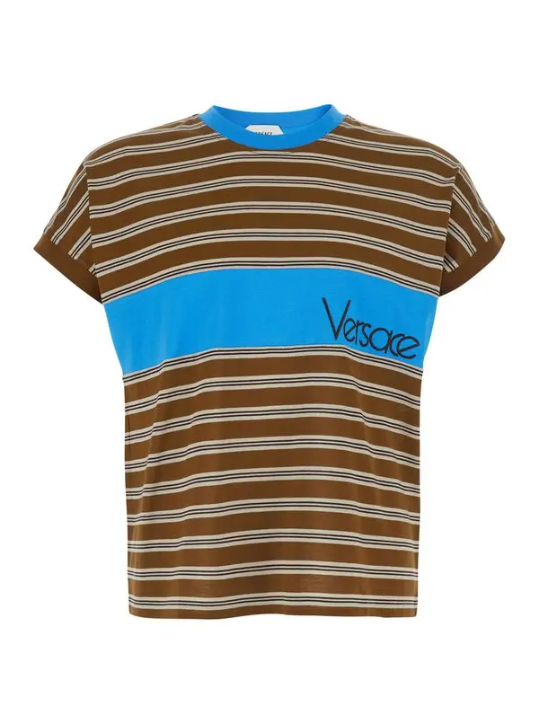 Versace Brown T-shirt With Striped Motif And Logo Lettering On The Front In Cotton - Multicolor