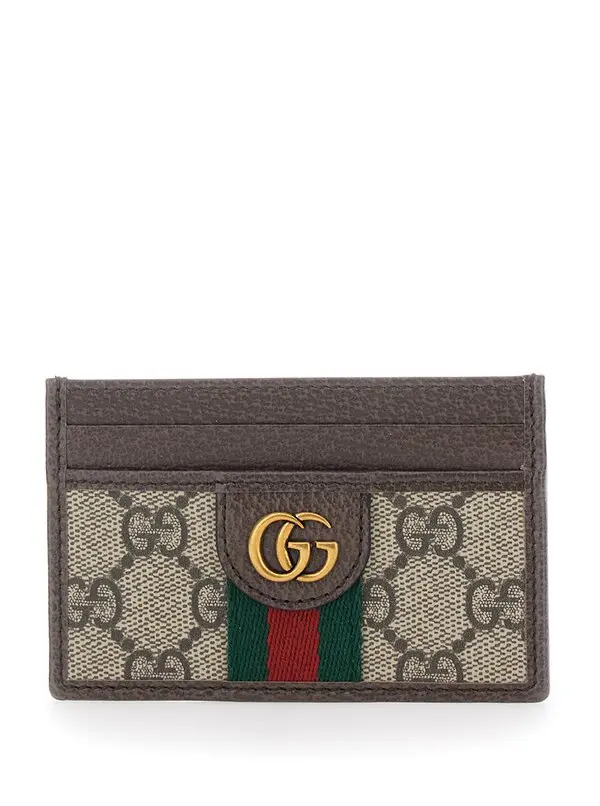 Gucci Card Holder 'ophidia' With Gg Plate In Gg Canvas And Leather Beige - Multicolor