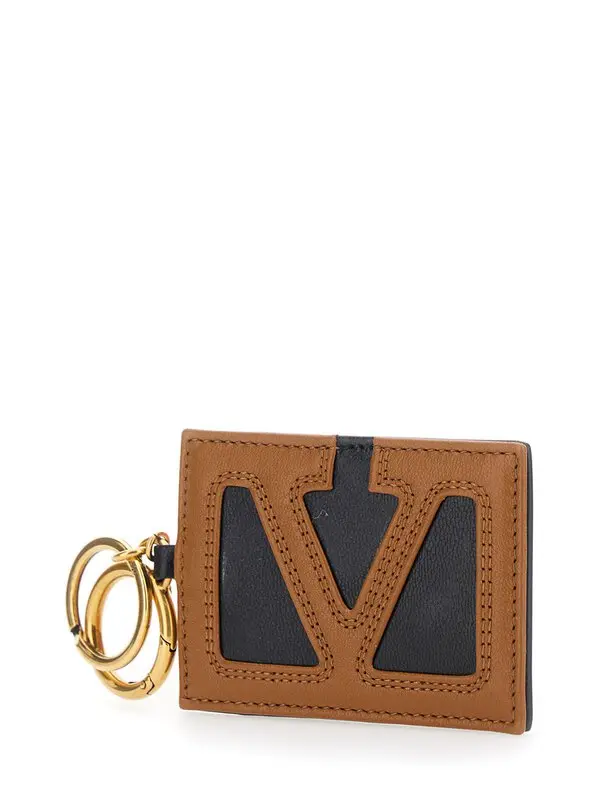 Valentino Garavani Brown Keychain With Ring Closure And Rectangular Design With Vlogo On The Front In Leather For