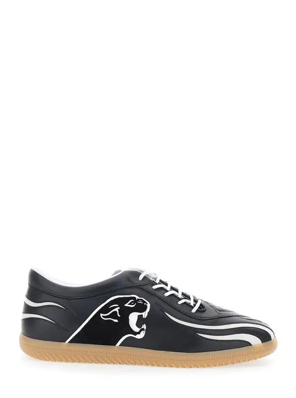 Valentino Garavani Black Leather Low Top Sneakers With Panther And Flame Motif - Multicolor