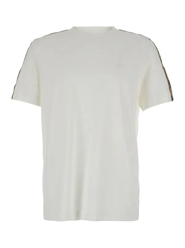 Burberry Crew Neck T-shirt With Check Detail On The Sleeve And Ekd Logo Embroidery On The Front In White Cotton For - Multicolor