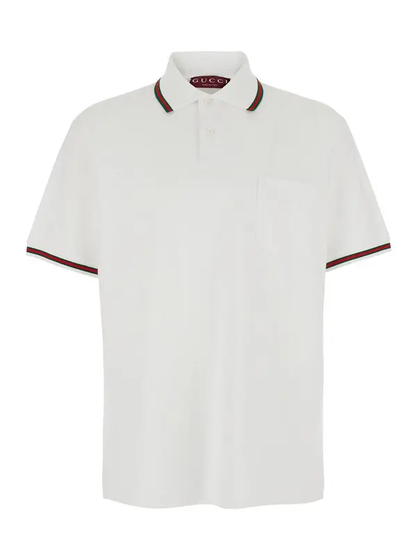 Gucci Polo Shirt With Web Detail On Collar And Sleeves And Tone-on-tone Logo Lettering On The Front In Cotton For
