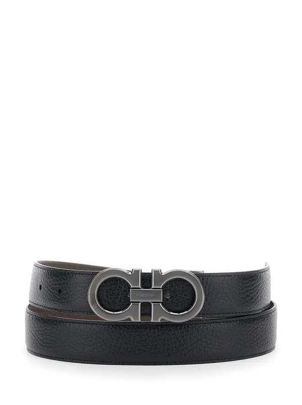FERRAGAMO Reversible Belt With Gancini Buckle In Grained Leather - Black