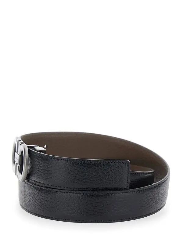FERRAGAMO Reversible Belt With Gancini Buckle In Grained Leather - Black