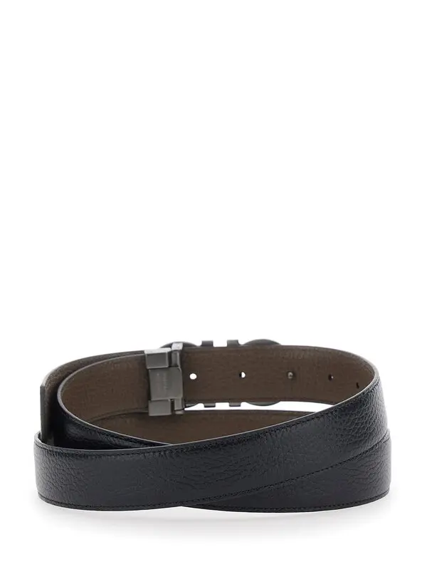 FERRAGAMO Reversible Belt With Gancini Buckle In Grained Leather - Black