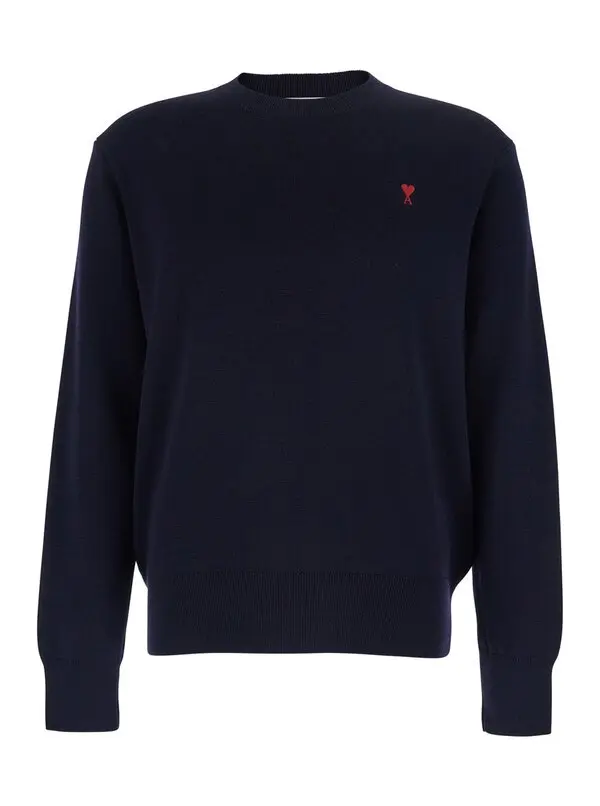 AMI Paris Crewneck Sweater With Red Heart Embroidery - Multicolor