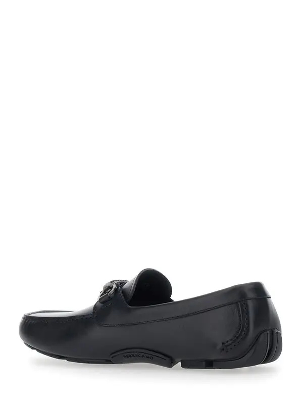 FERRAGAMO Sunsday Loafers With Gancini Plaque In Leather - Black