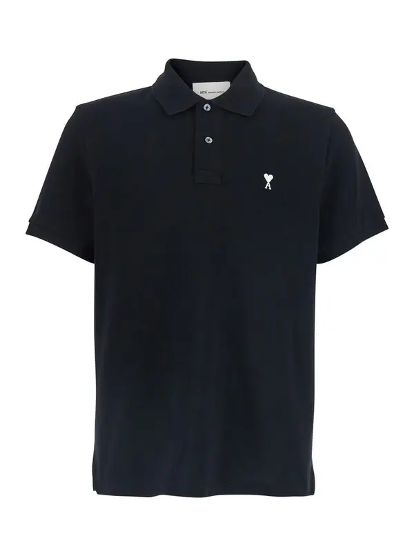 AMI Paris Polo Shirt With De Coeur Logo Embroidered On The Front In Cotton For - Black