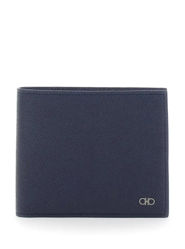 FERRAGAMO Micro Gancini' Blue Bi-fold Wallet With Logo In Grained Leather - Multicolor