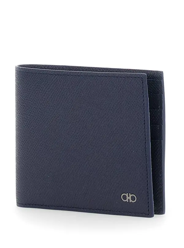 FERRAGAMO Micro Gancini' Blue Bi-fold Wallet With Logo In Grained Leather - Multicolor