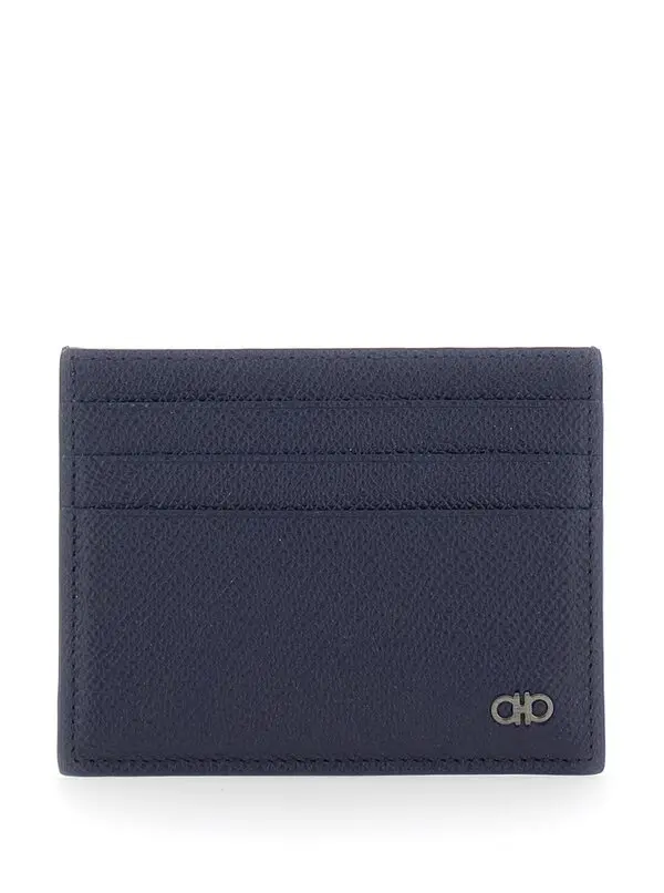 FERRAGAMO Blue Card Holder With Micro Gancini On The Front And Logo Lettering On The Back In Grained Leather For - Multicolor