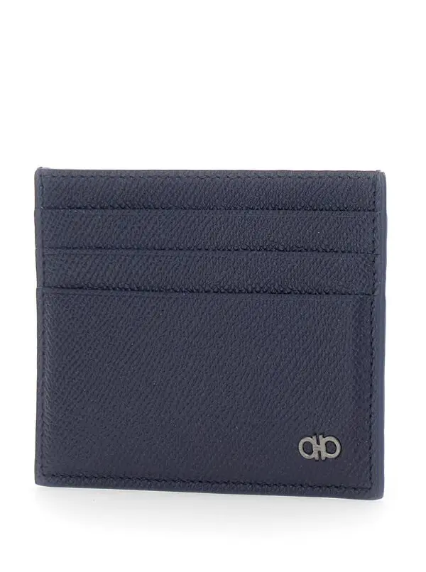 FERRAGAMO Blue Card Holder With Micro Gancini On The Front And Logo Lettering On The Back In Grained Leather For - Multicolor