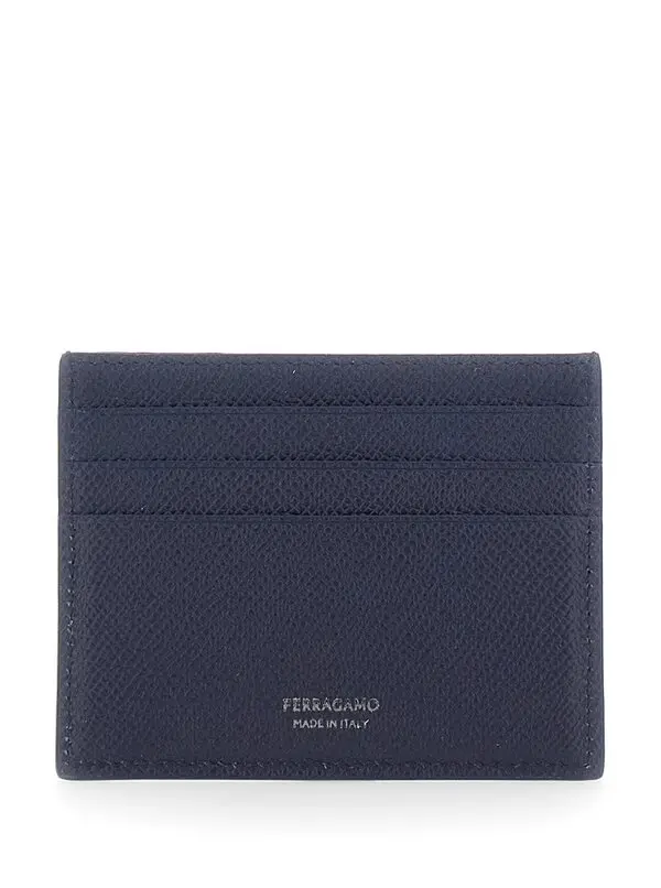 FERRAGAMO Blue Card Holder With Micro Gancini On The Front And Logo Lettering On The Back In Grained Leather For - Multicolor