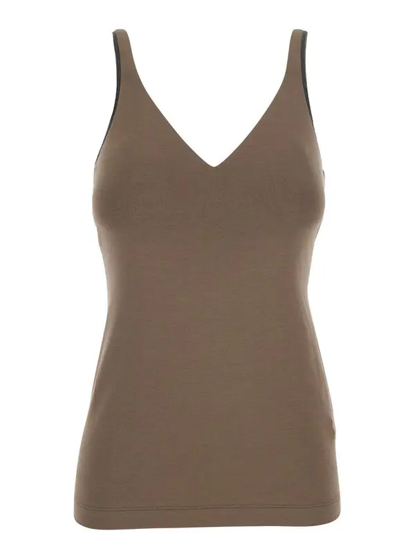 Brunello Cucinelli Cotton Top With Monil Detail And V-neck - Brown