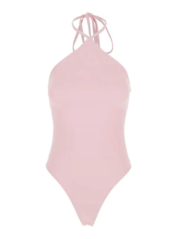 Jacquemus Le Maillot Bastide' Pink One-piece Swimsuit With Halterneck And Logo Embroidery On The Front In Tech Fabric For - Multicolor