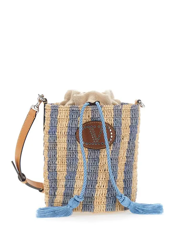 Valentino Garavani Raffia Bucket Bag With Striped Motif - Cream