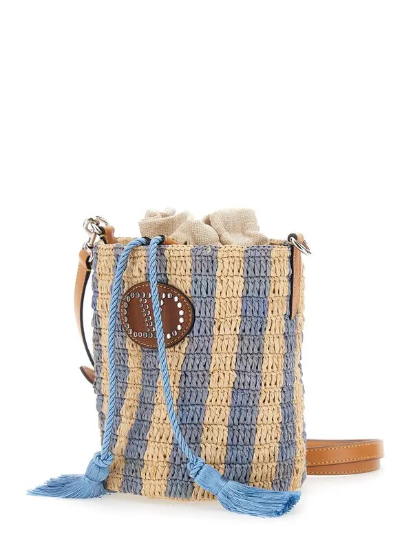 Valentino Garavani Raffia Bucket Bag With Striped Motif - Cream