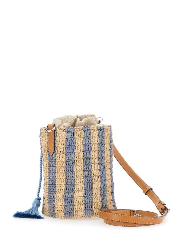 Valentino Garavani Raffia Bucket Bag With Striped Motif - Cream