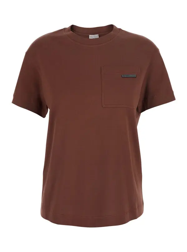 Brunello Cucinelli Crew Neck T-shirt With Monil Detail On The Front In Cotton For - Brown