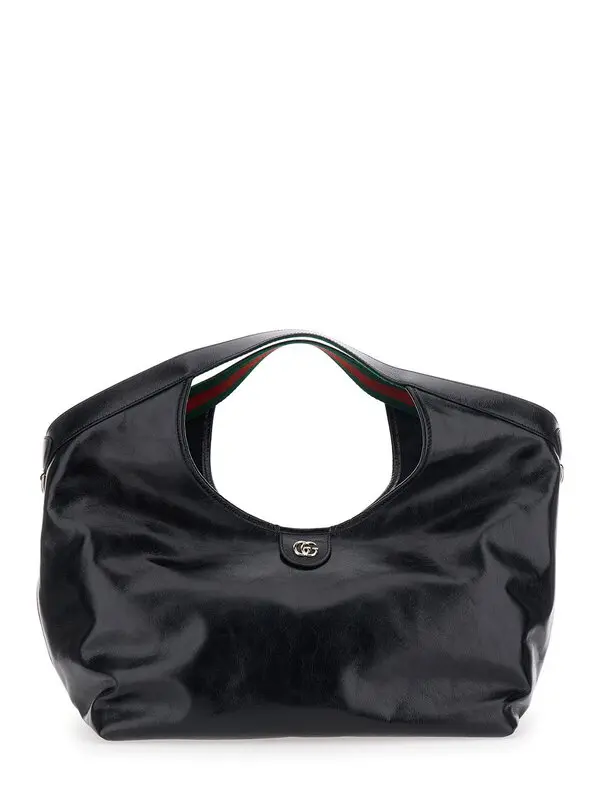 Gucci Ophidia Shoulder Bag With Magnetic Closure And Gg Plaque In Patent Leather - Black