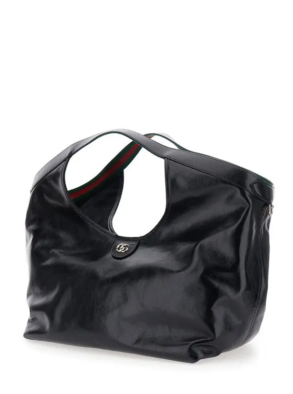 Gucci Ophidia Shoulder Bag With Magnetic Closure And Gg Plaque In Patent Leather - Black