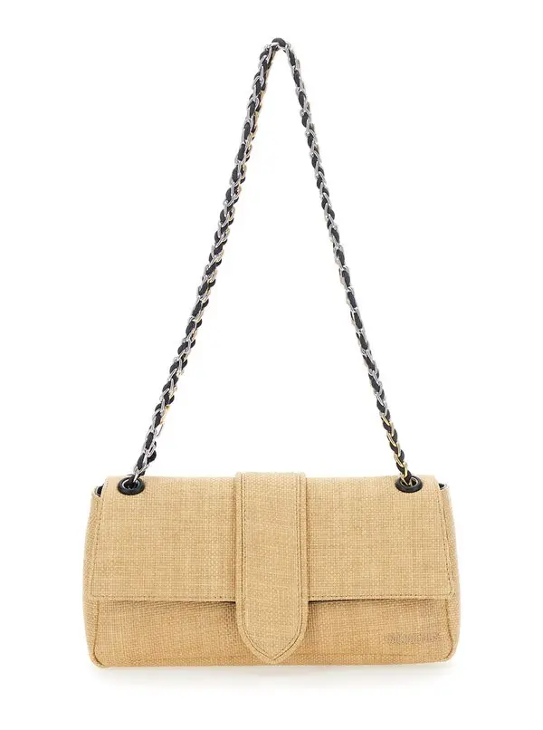 Jacquemus Le Bambino Chaine' Beige Shoulder Bag With Chain Strap And Tone-on-tone Logo Embroidery In Raffia Effect Fabric For - Multicolor