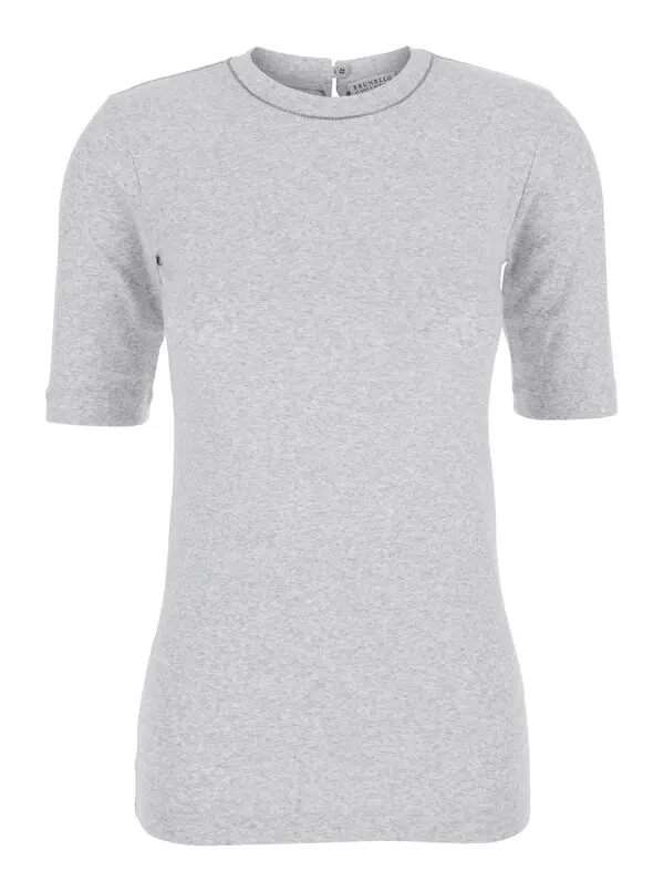 Brunello Cucinelli Cotton Three-quarter Sleeve Crewneck T-shirt With Monili Detail - Gray
