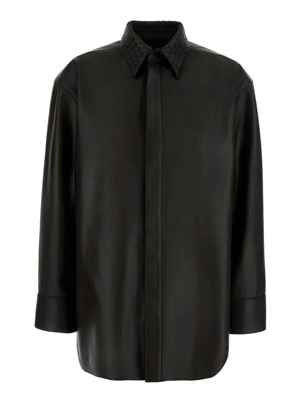 Bottega Veneta Brown Shirt With Classic Collar With Intreccio Detail In Leather For - Multicolor