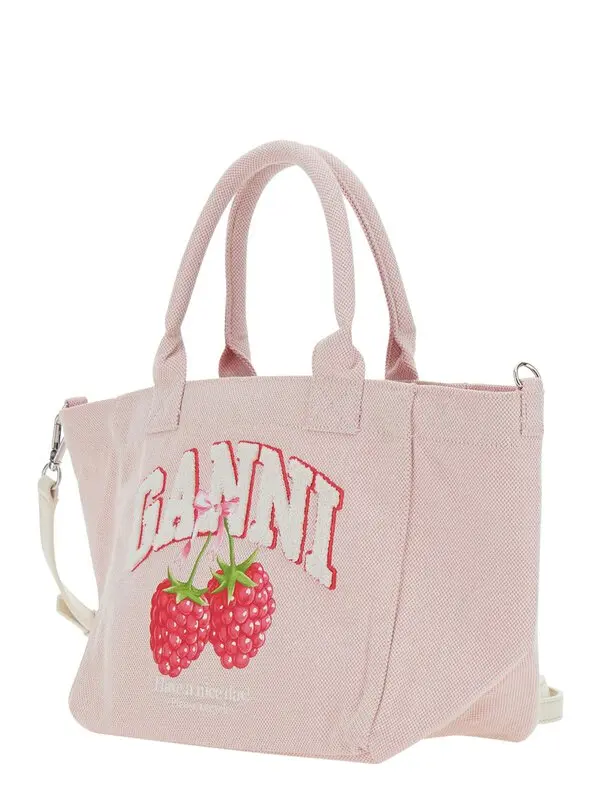 GANNI Cotton Tote Bag With Raspberry Print And Logo - Multicolor