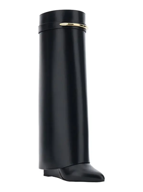 Givenchy High Wedge Heel Leather Boots With Logo Plate - Black