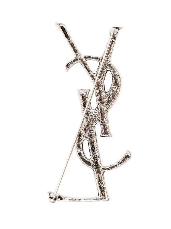 Saint Laurent Silver Brass Crocodile Texture Monogram Brooch