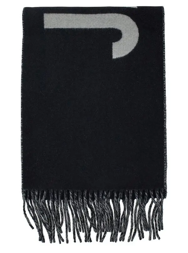 Jacquemus Scarf 'l'echarpe With Maxi Logo Lettering And Fringed Edge In Black Wool - Multicolor