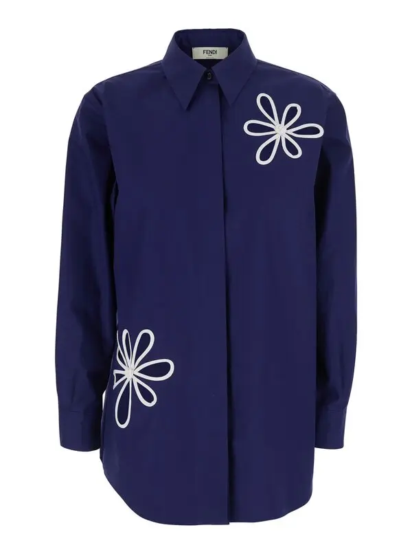 Fendi Blue Shirt With Classic Collar And Floral Embroidery In Cotton For - Multicolor