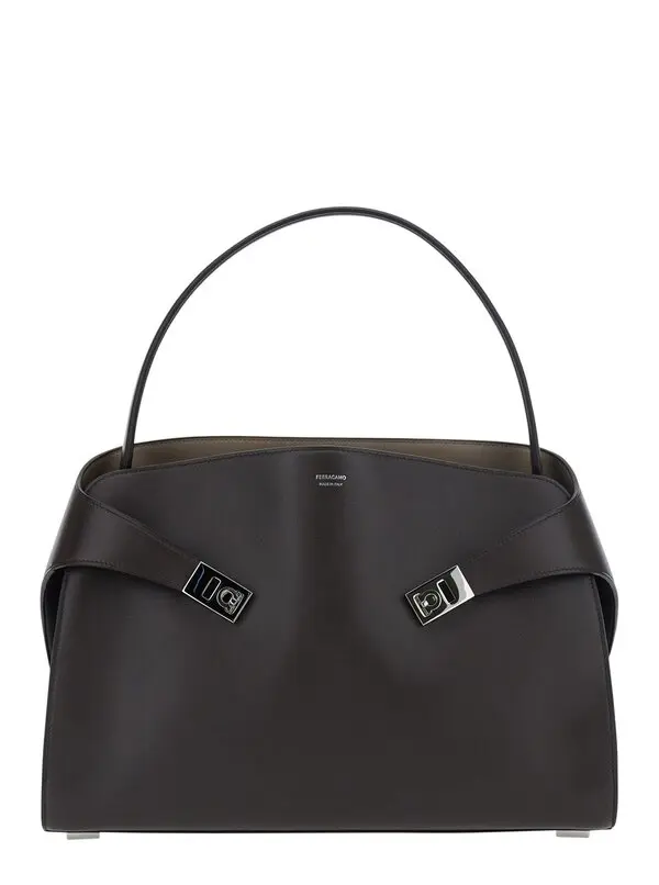 FERRAGAMO Black Leather Handbag With Gancini Buckles - Multicolor