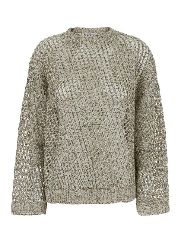 Brunello Cucinelli Metallic Round Neck Sweater With Net Knit And Dropped Shoulders In Silk And Linen For - Multicolor