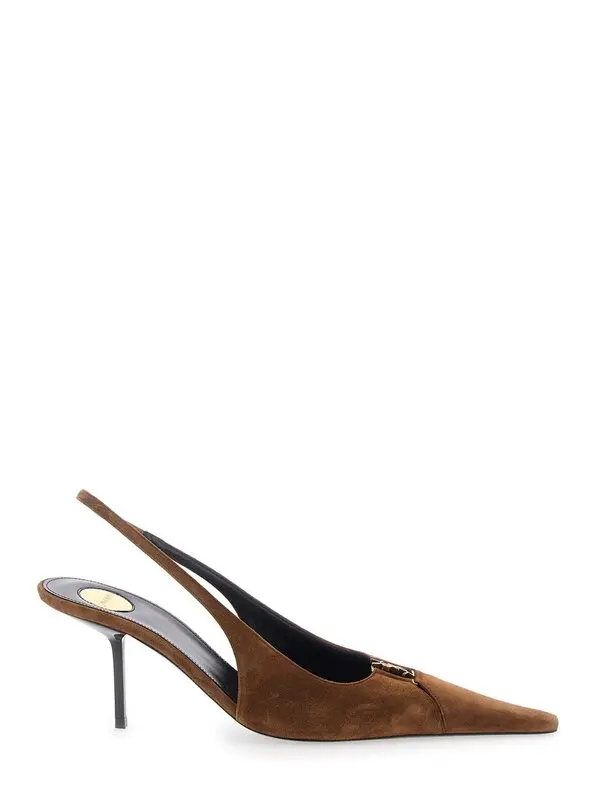 Saint Laurent Babylone Slingback Pumps With Cassandre Plate - Brown