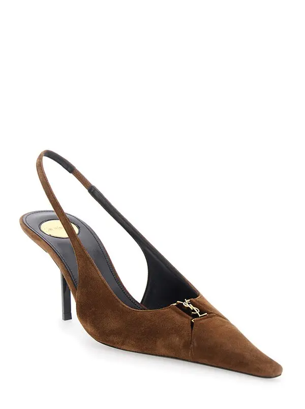 Saint Laurent Babylone Slingback Pumps With Cassandre Plate - Brown