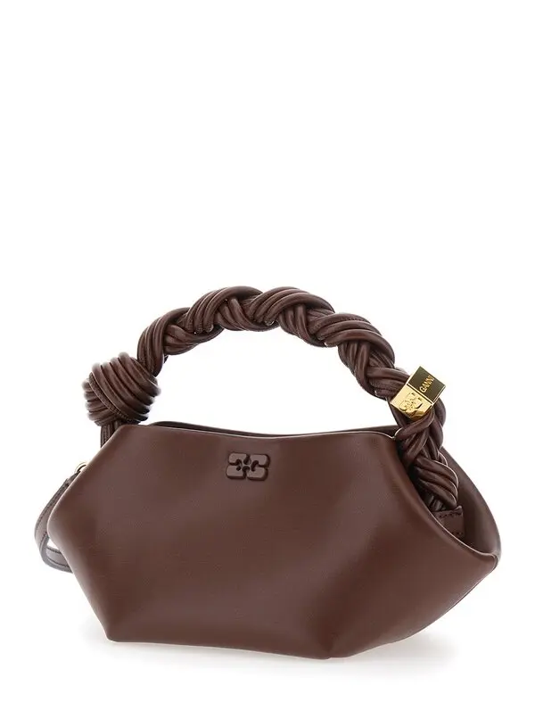 GANNI Brown Leather Blend Mini Bag With Woven Top Handle And Adjustable Shoulder Strap - Multicolor